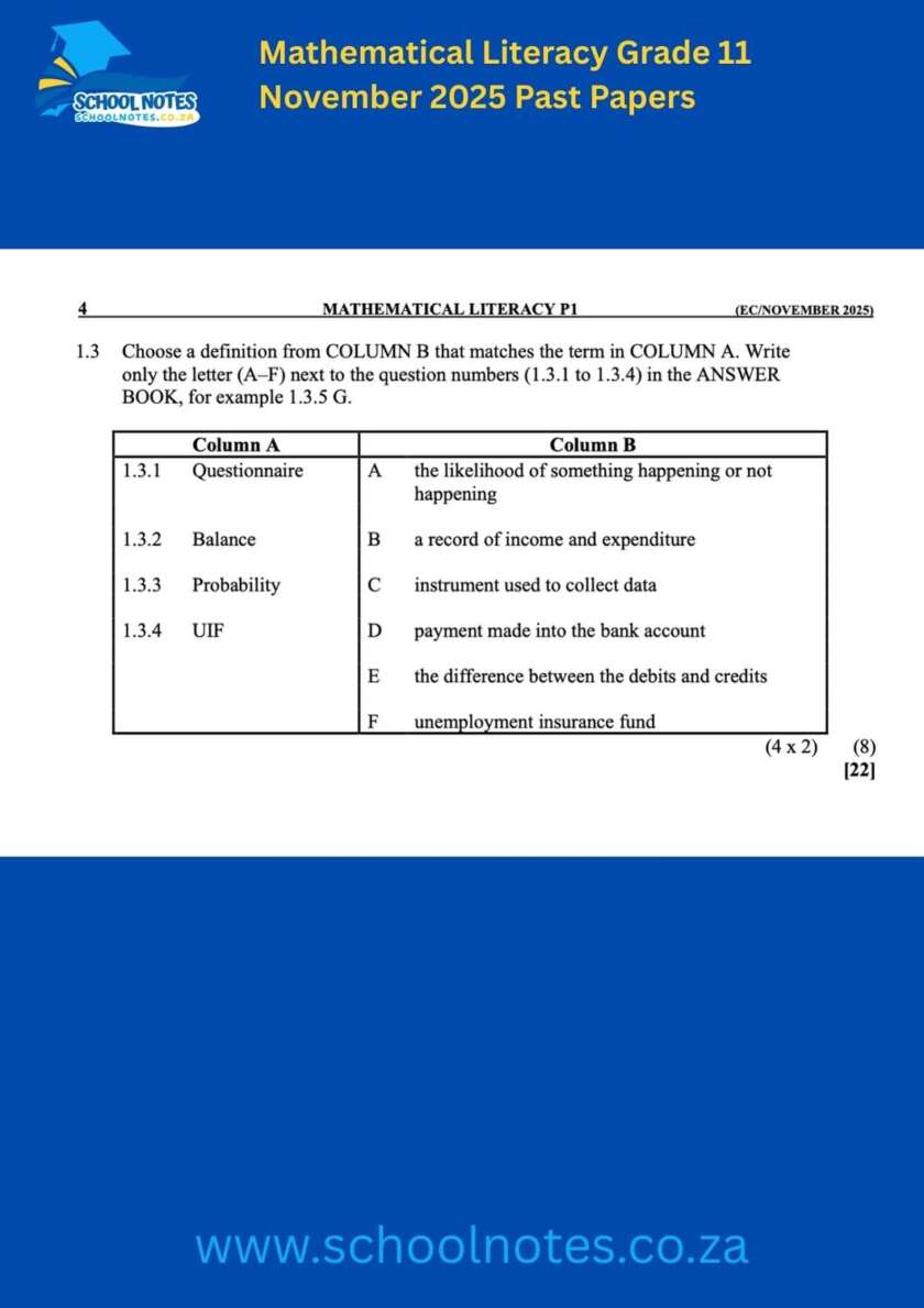 Mathematical Literacy Grade 11 November 2025 Past Papers - School Notes