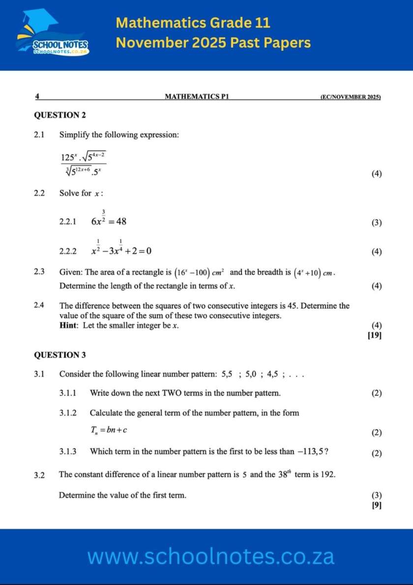 Mathematics Grade 11 November 2025 Past Papers - School Notes