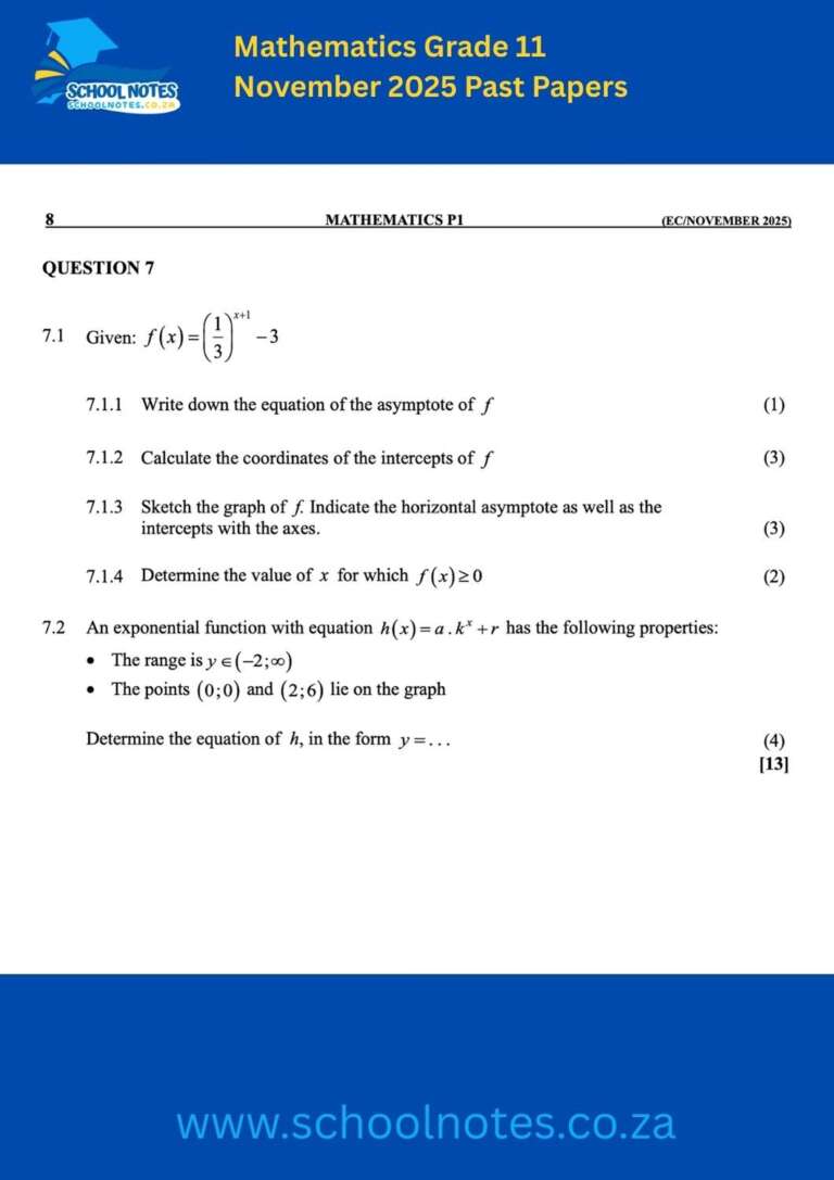 Mathematics Grade 11 November 2025 Past Papers - School Notes